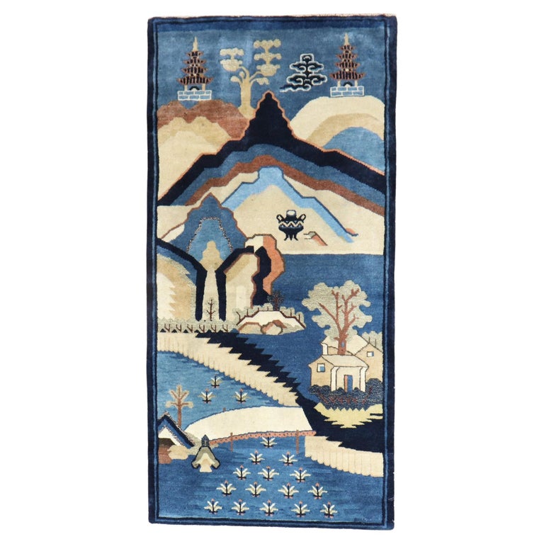 Antique Blue Chinese Pictorial Throw Rug For Sale at 1stDibs
