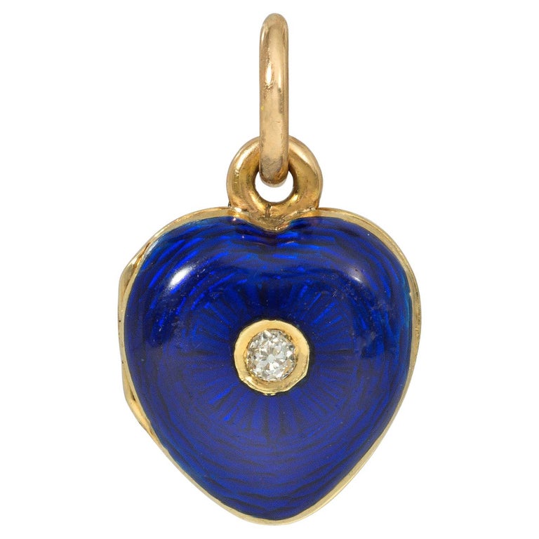 Antique Blue Enamel and Gold Petite Heart Locket with Diamond Center ...