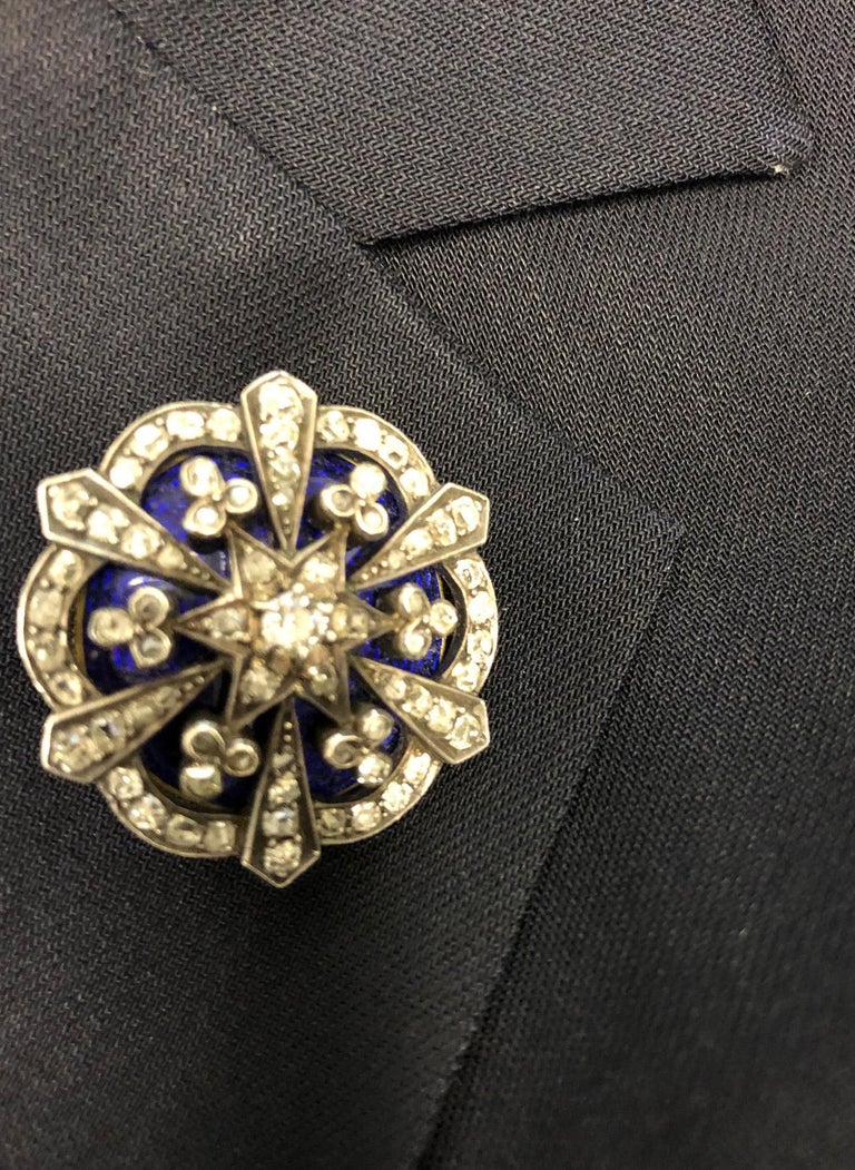Antique Blue Enamel Rose Cut Diamond Brooch For Sale at 1stDibs