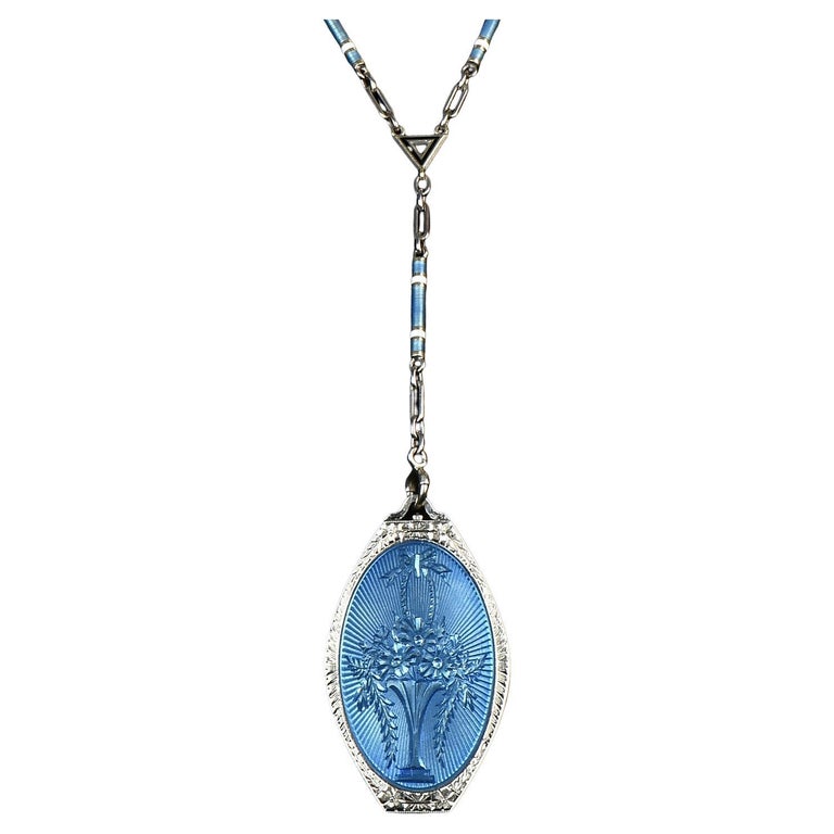 Antique Blue Enamel White Gold Locket Flower Pendant Chain Necklace For ...