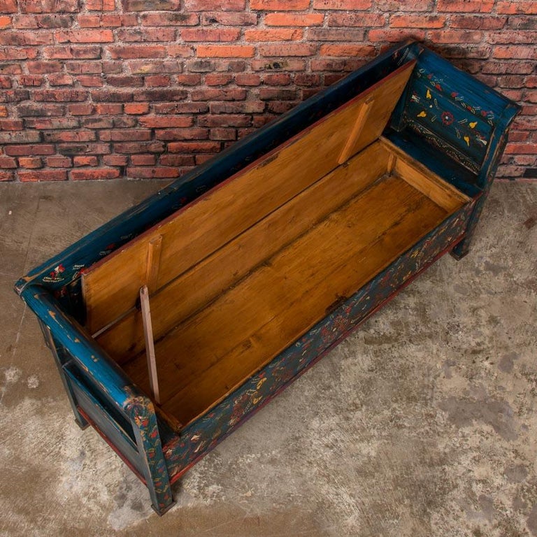 Antique Blue Folk Art Painted Storage Bench from Hungary at 1stDibs
