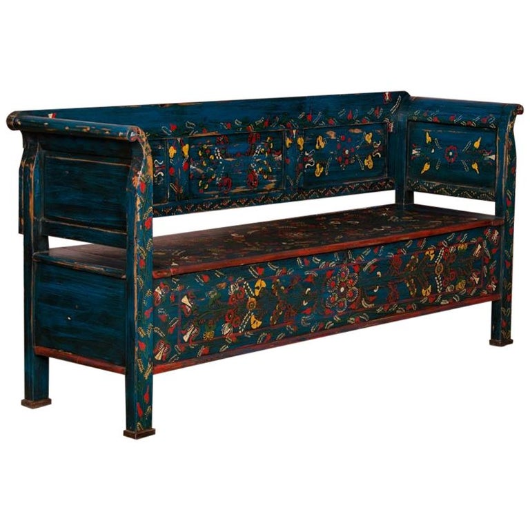 Antique Blue Folk Art Painted Storage Bench from Hungary at 1stDibs