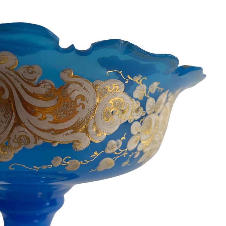Antique Blue Opaline Enameled Glass Tazza Bowl, 19th Century For Sale ...