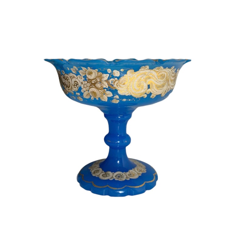 Antique Blue Opaline Enameled Glass Tazza Bowl, 19th Century For Sale ...