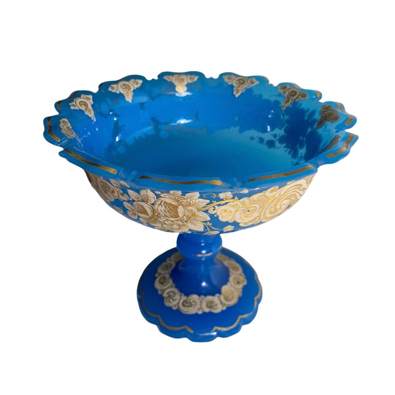 Antique Blue Opaline Enameled Glass Tazza Bowl, 19th Century For Sale ...