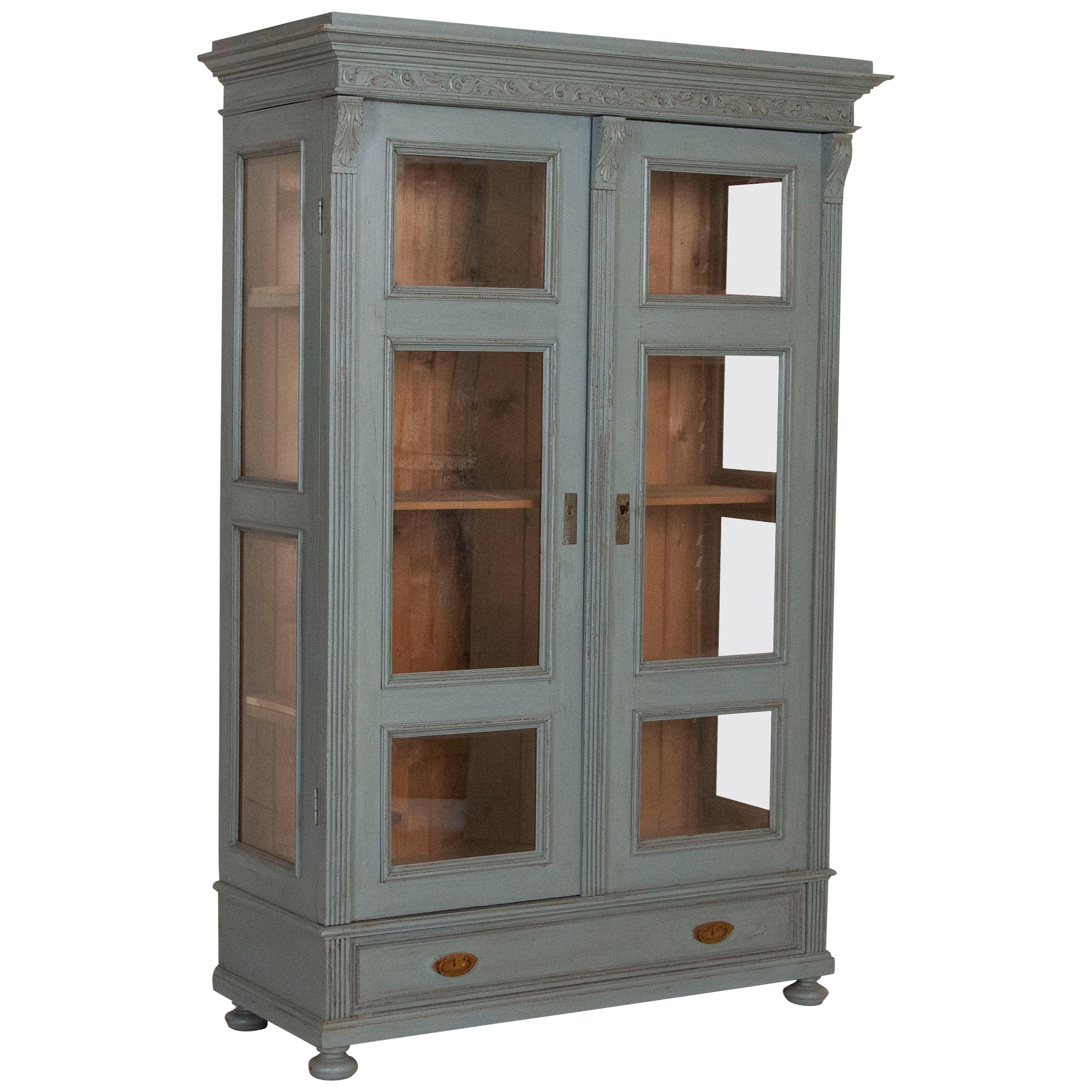 Antique Blue Painted Cabinet Bookcase with Glass Doors at 1stDibs