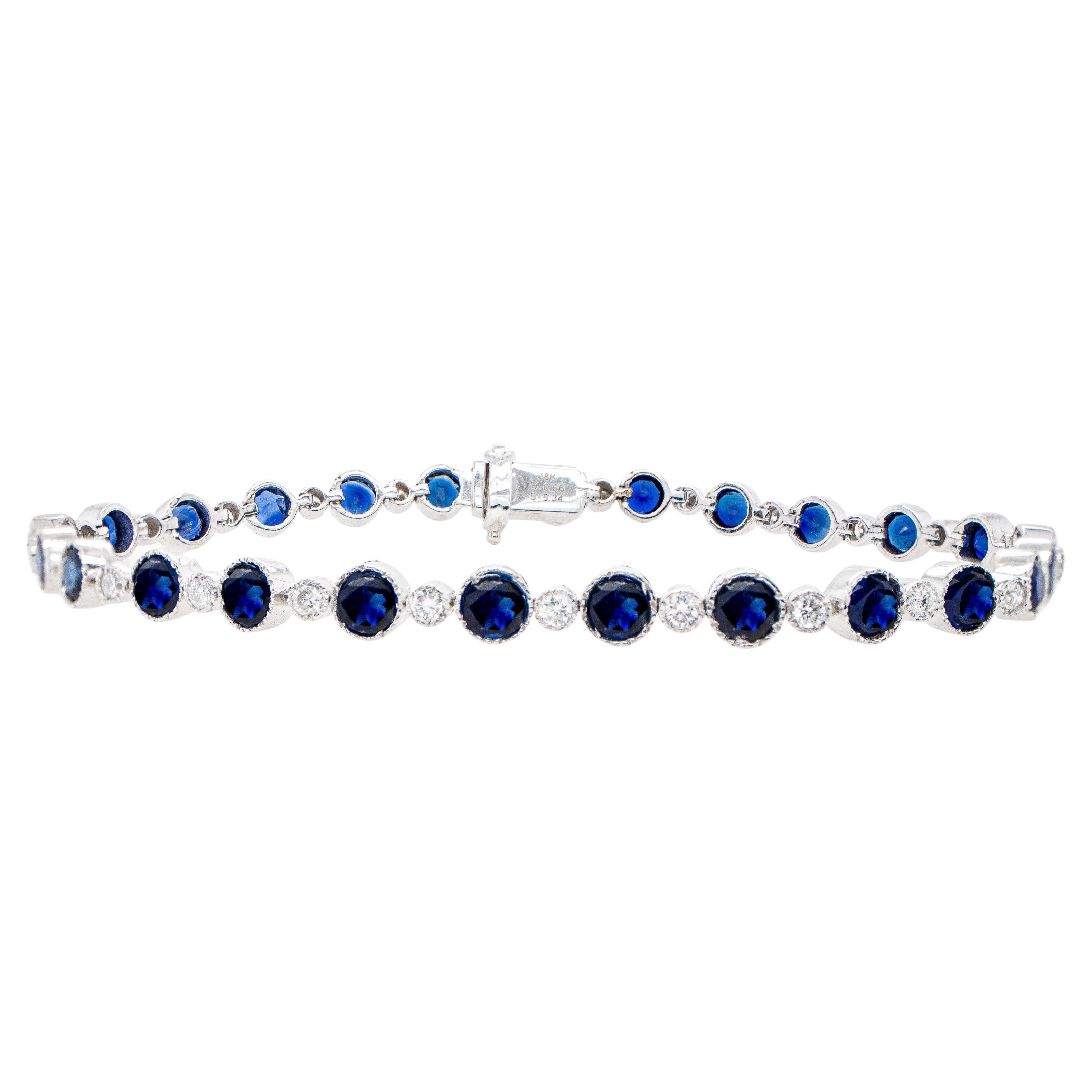 Blue Sapphire Tennis Bracelet Diamond Links 6 Carats 18K White Gold For Sale at 1stDibs