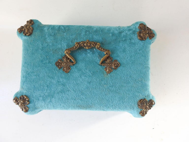 Antique Blue Velvet and Brass Jewelry Box For Sale at 1stDibs