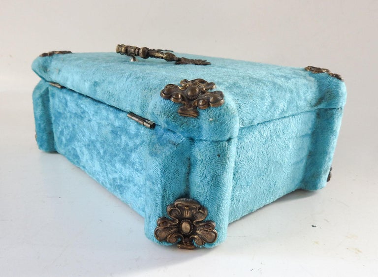 Antique Blue Velvet and Brass Jewelry Box For Sale at 1stDibs