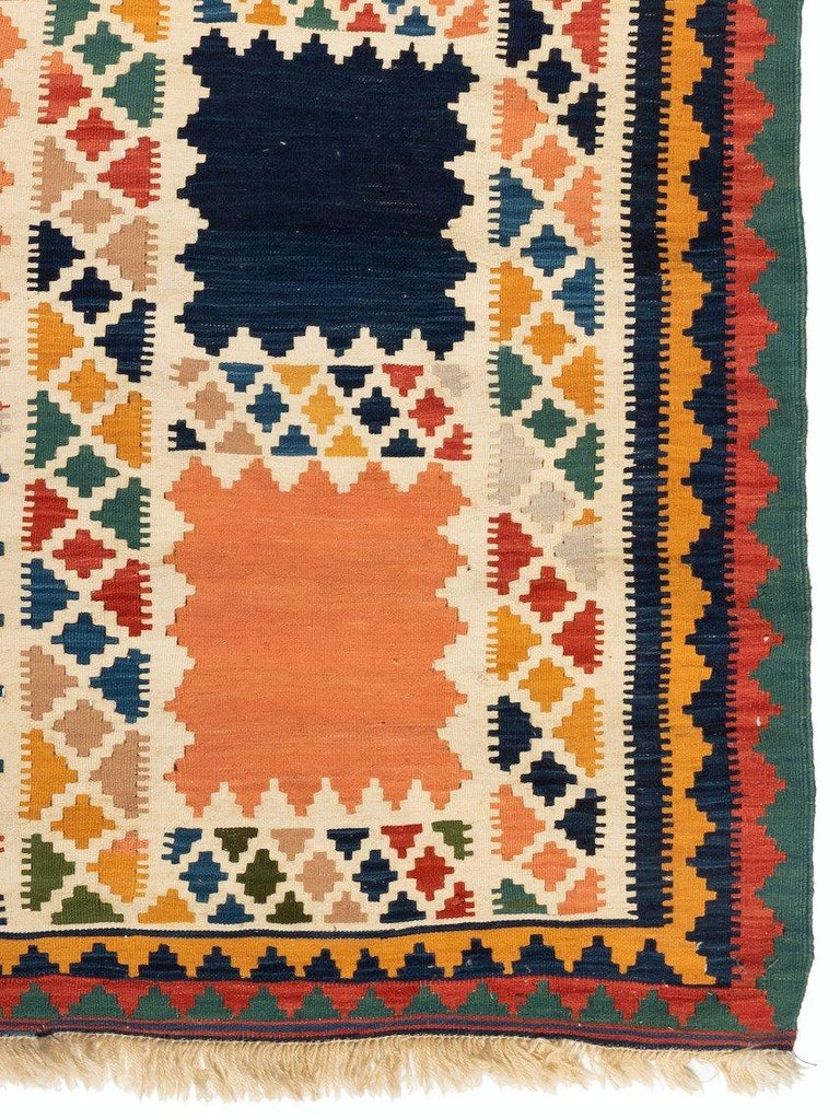 Antique Blue Yellow Square Color Block Caucasian Kilim Flat Weave ...