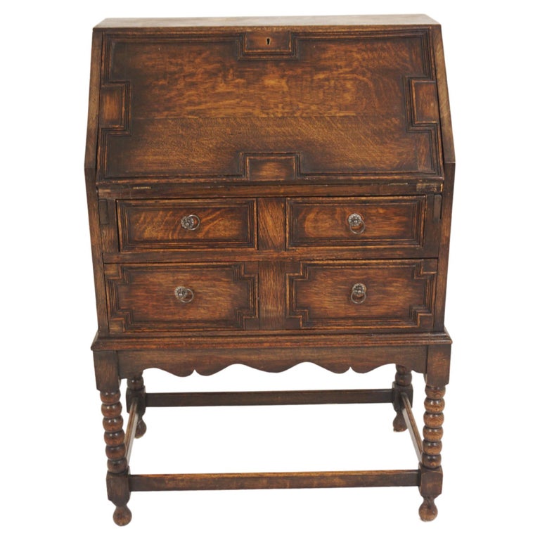 Antique Bobbin Leg Tiger Oak Drop Front Desk, Slant Front, Scotland ...