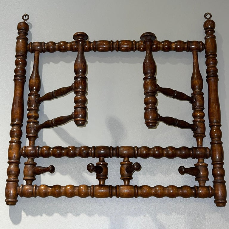 Antique Bobbin-Turned Mahogany Wall-Mount Coat Rack For Sale at 1stDibs