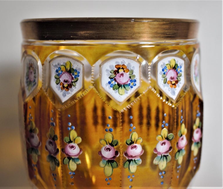 Antique Bohemian Amber Crystal Spa Glass or Vase with Floral Enameled ...