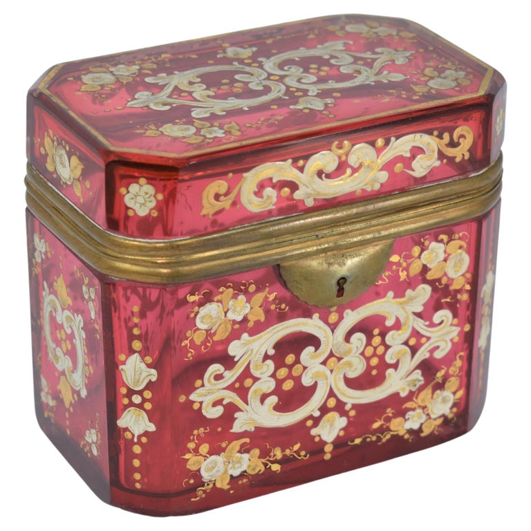 Antique Bohemian enamelled cranberry glass coffin boc For Sale at 1stDibs