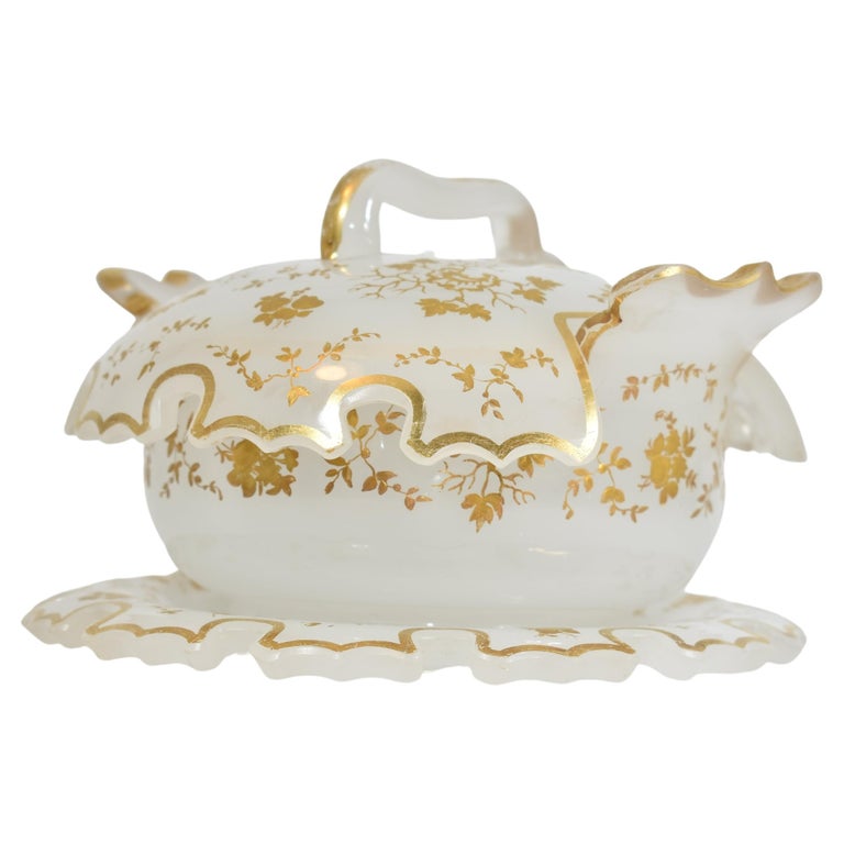 Antique Bohemian Opaline Enamelled Glass Sugar Bowl, Candy Box ...