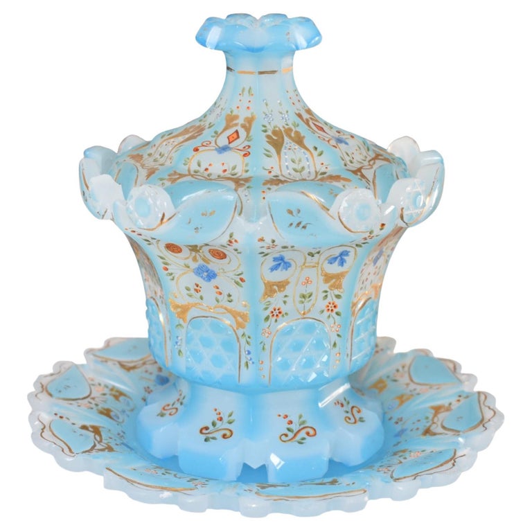 Antique Bohemian Opaline Enamelled Glass Sugar Bowl, Candy Box ...