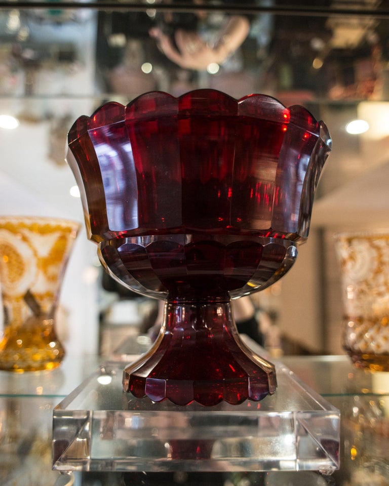 Antique Bohemian Scalloped Ruby Deep Red Crystal Footed Bowl For Sale ...