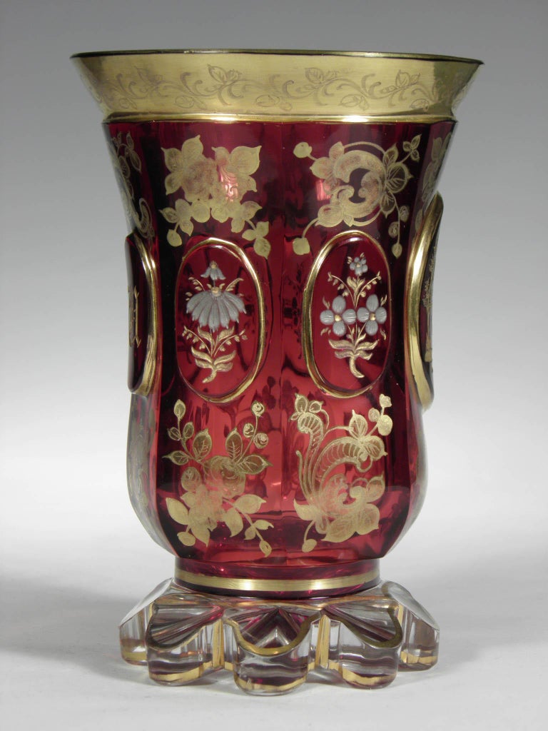Antique Bohemian Ruby Glass Gold Paint Horse Flower Motive 19th Century ...