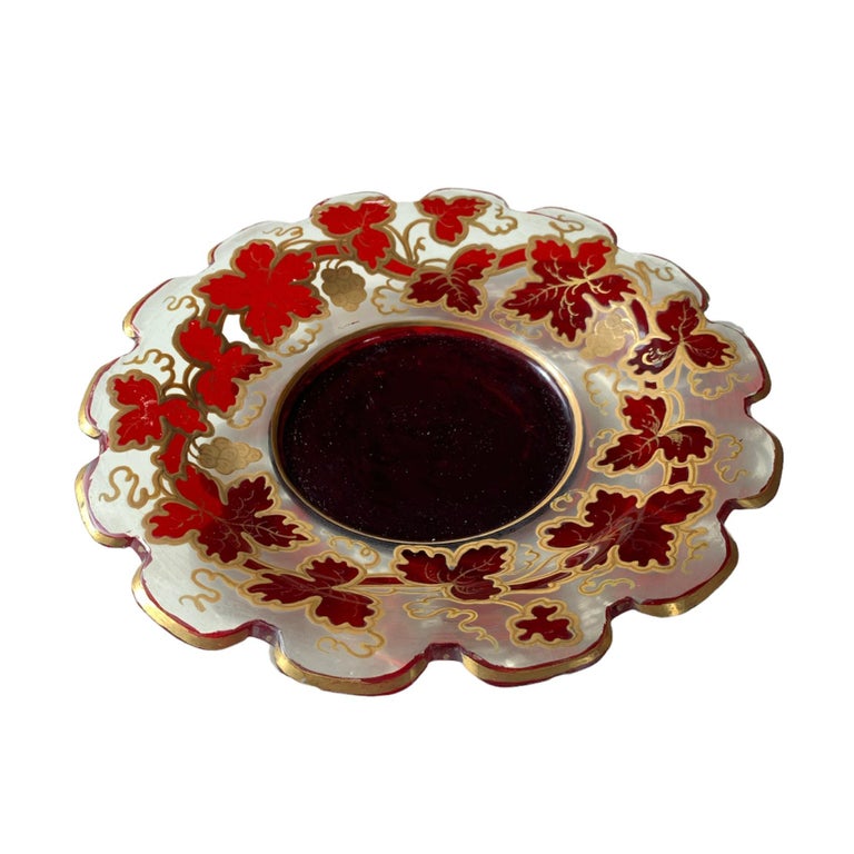 Antique Bohemian Ruby Red Enameled Glass Bottle and Plate, 19th Century ...