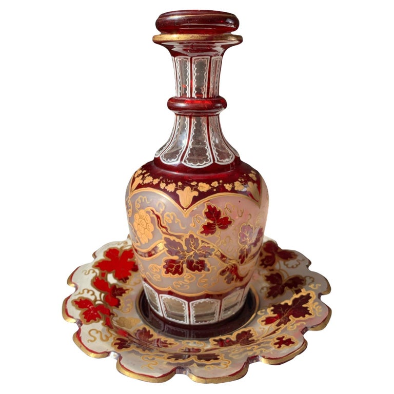 Antique Bohemian Ruby Red Enameled Glass Bottle and Plate, 19th Century ...