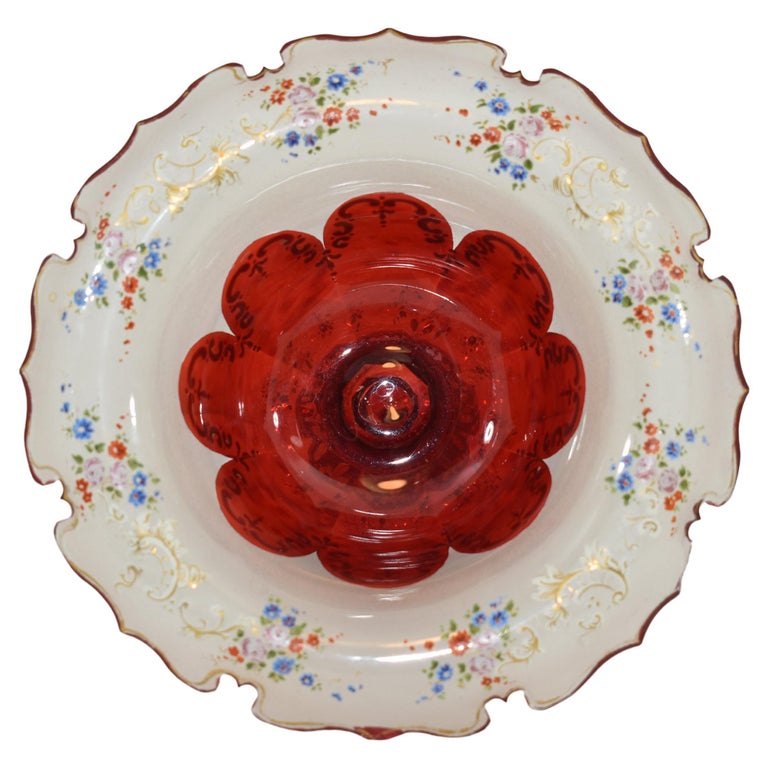 Antique Bohemian Ruby Red Enameled Glass Tazza Bowl, 19th Century For ...