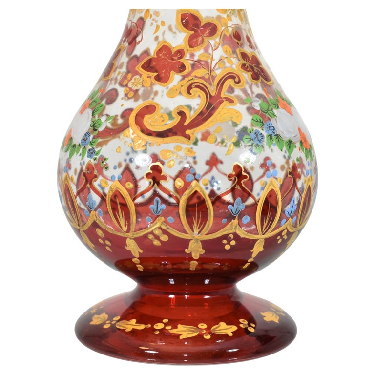 Antique Bohemian Ruby Red Enameled Glass Vase, Hookah Base, 19th ...