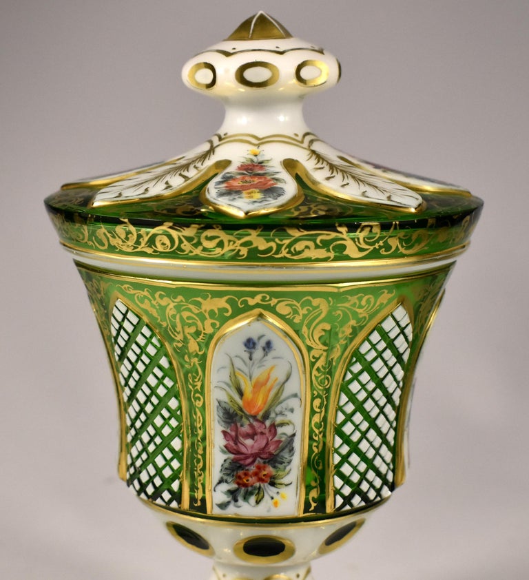 Antique Bohemian White Overlay Gilt, Painted Green Goblet with Lid 19th ...
