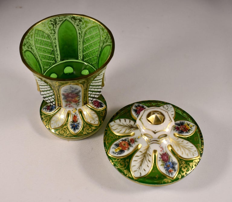 Antique Bohemian White Overlay Gilt, Painted Green Goblet with Lid 19th ...