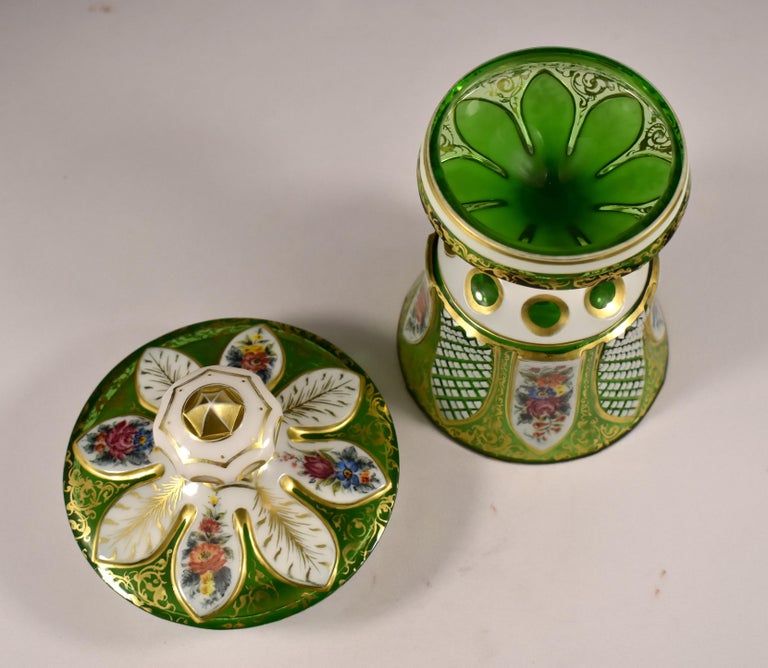 Antique Bohemian White Overlay Gilt, Painted Green Goblet with Lid 19th ...