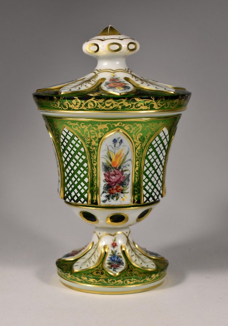 Antique Bohemian White Overlay Gilt, Painted Green Goblet with Lid 19th ...