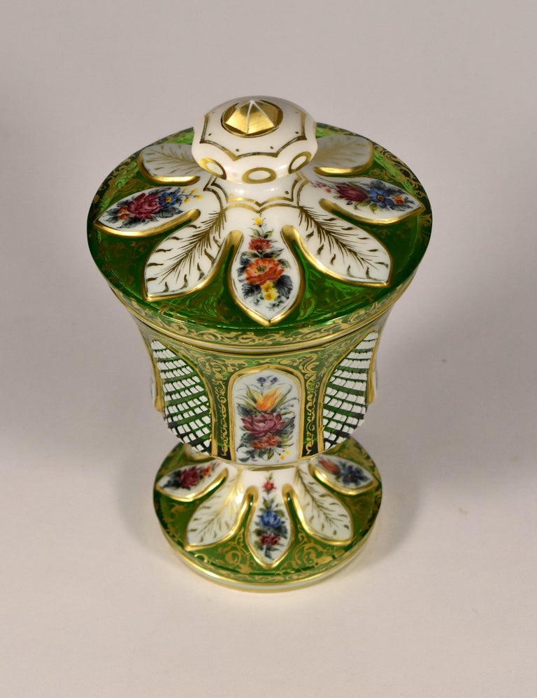 Antique Bohemian White Overlay Gilt, Painted Green Goblet with Lid 19th ...