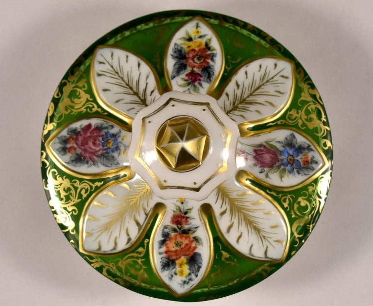 Antique Bohemian White Overlay Gilt, Painted Green Goblet with Lid 19th ...