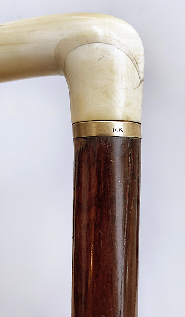 Antique Bone Handle 14k Gold Monogrammed Walking Stick Cane For Sale at ...
