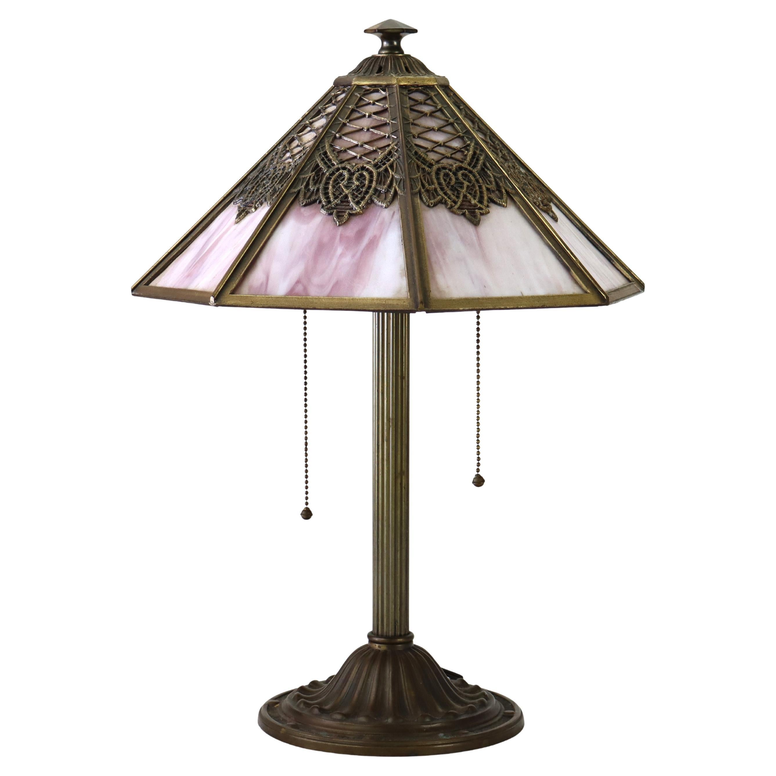 Arts and Crafts Bronze and Two-Tone Slag Glass Lamp, Bradley and ...