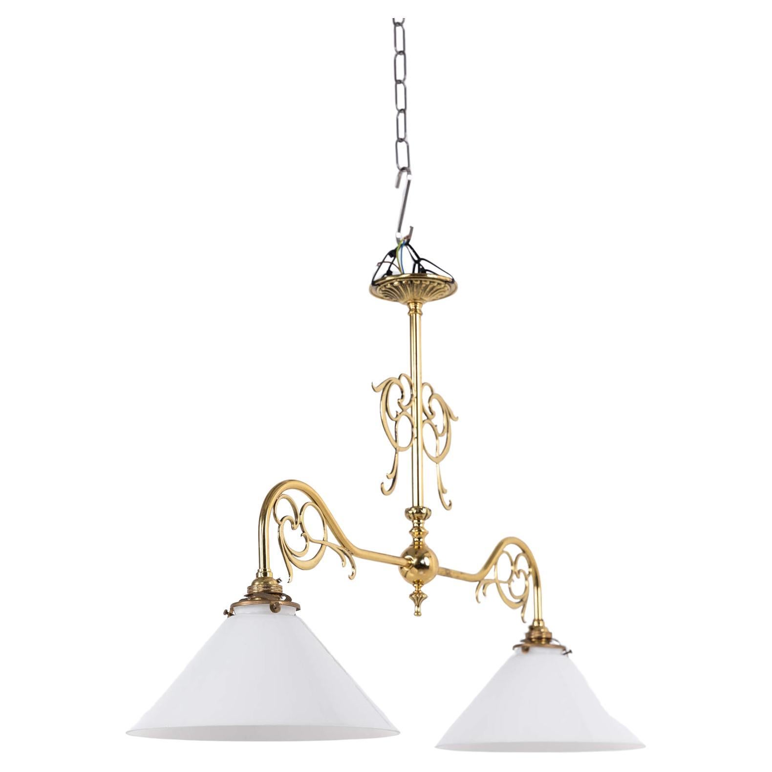 Antique Brass Art Nouveau Opaline Glass Electrolier Ceiling Light Lamp ...