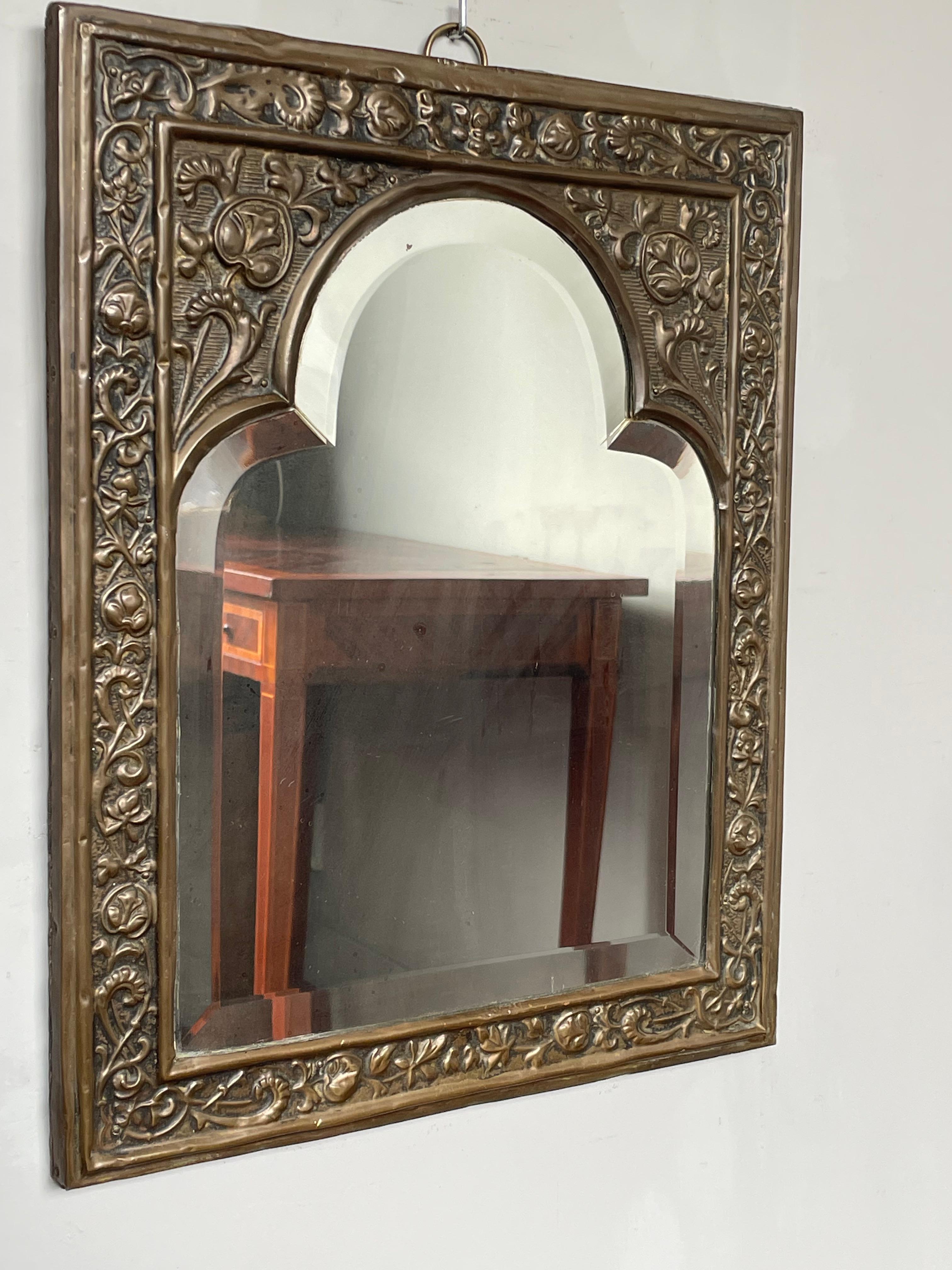 Antique Brass and Beveled Glass Gothic Revival Wall Mirror w. Embossed ...
