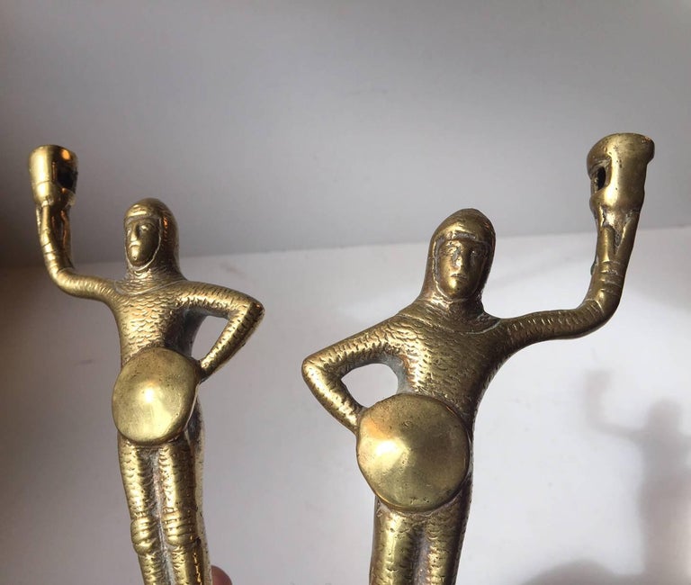 Antique Brass Candlesticks of Tudor Knights in Armor For Sale at 1stDibs