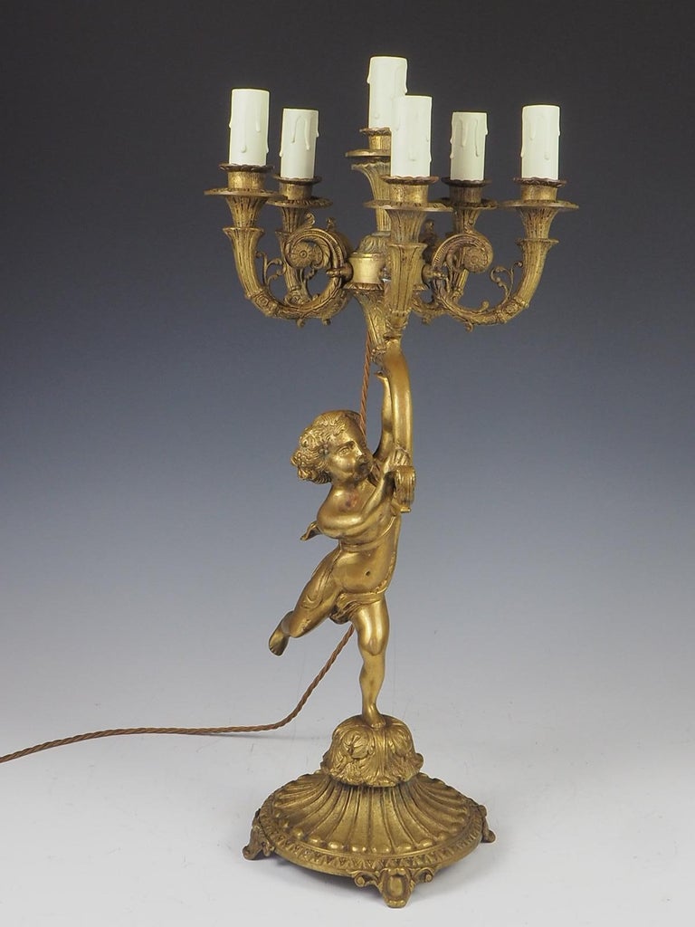 Antique Brass Cherub 6 Light Candelabra Lamp For Sale at 1stDibs