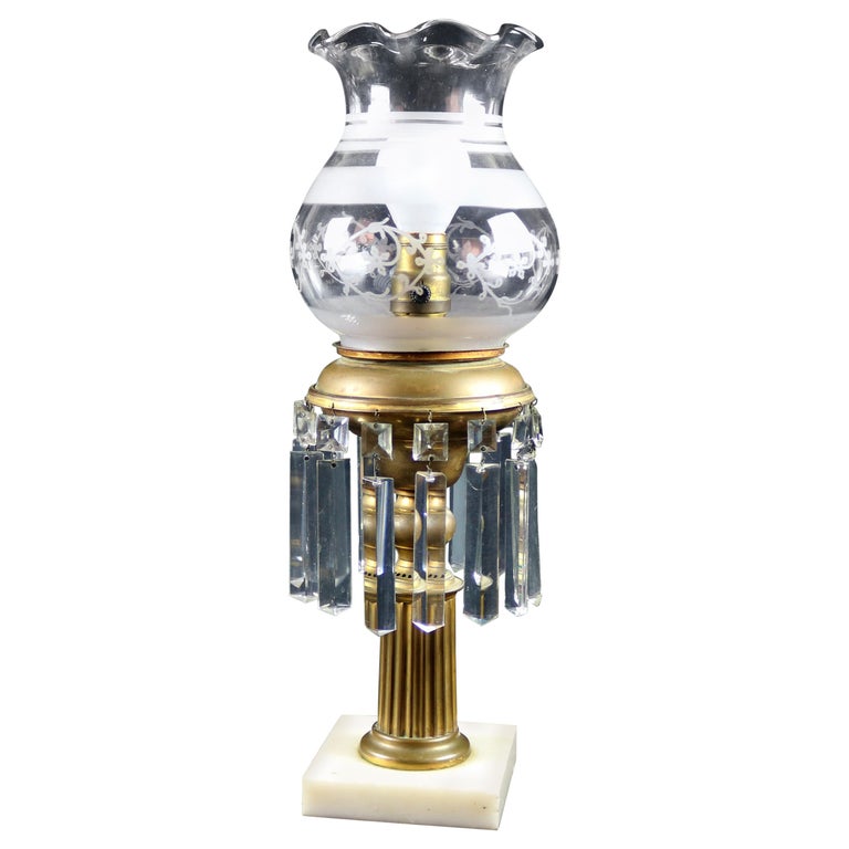 Brass and Crystal Solar Lamp by Cornelius and Co. with Etched Shade ...