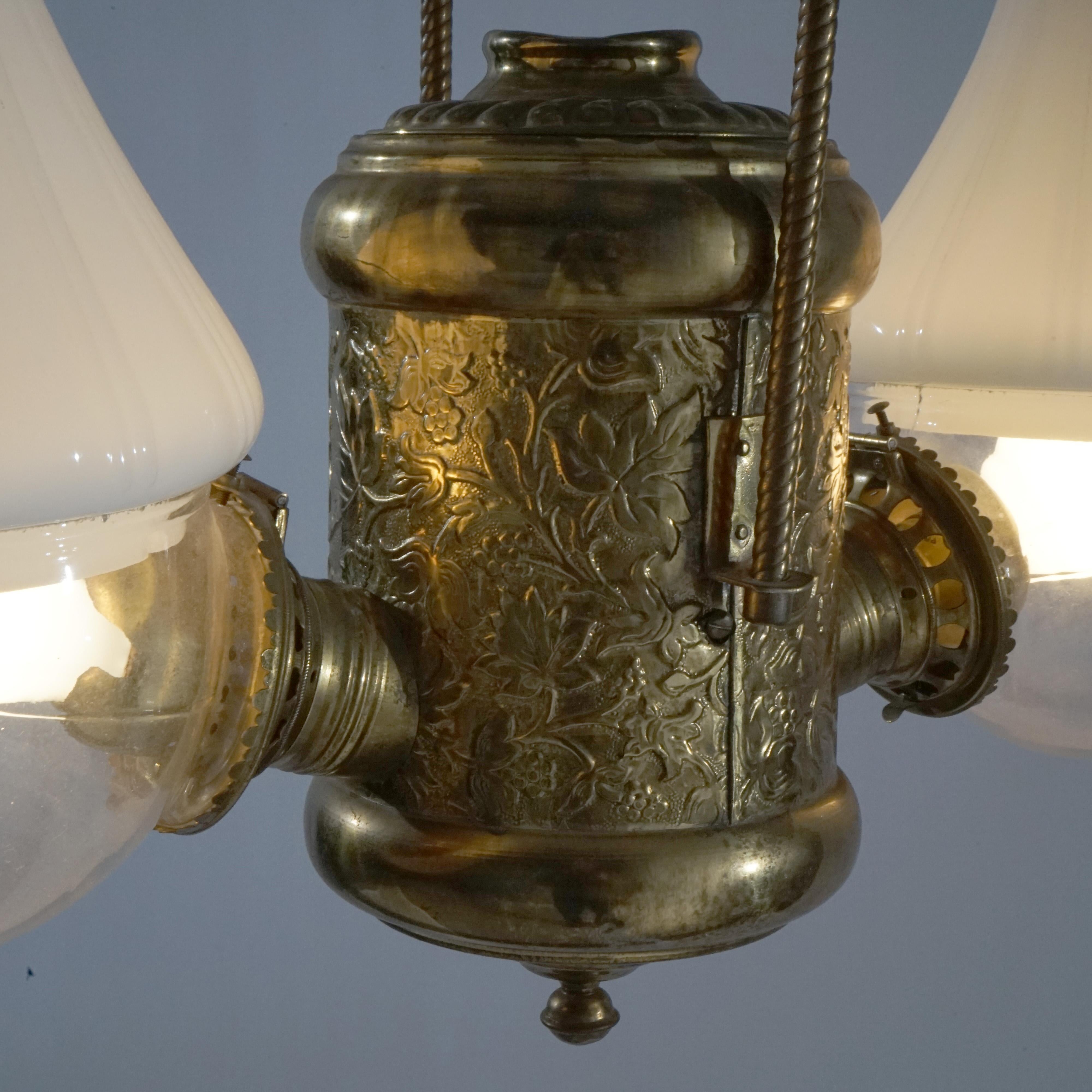 Antique Brass Double Angle Hanging Lamp With Milk Glass Shades c1890 at ...