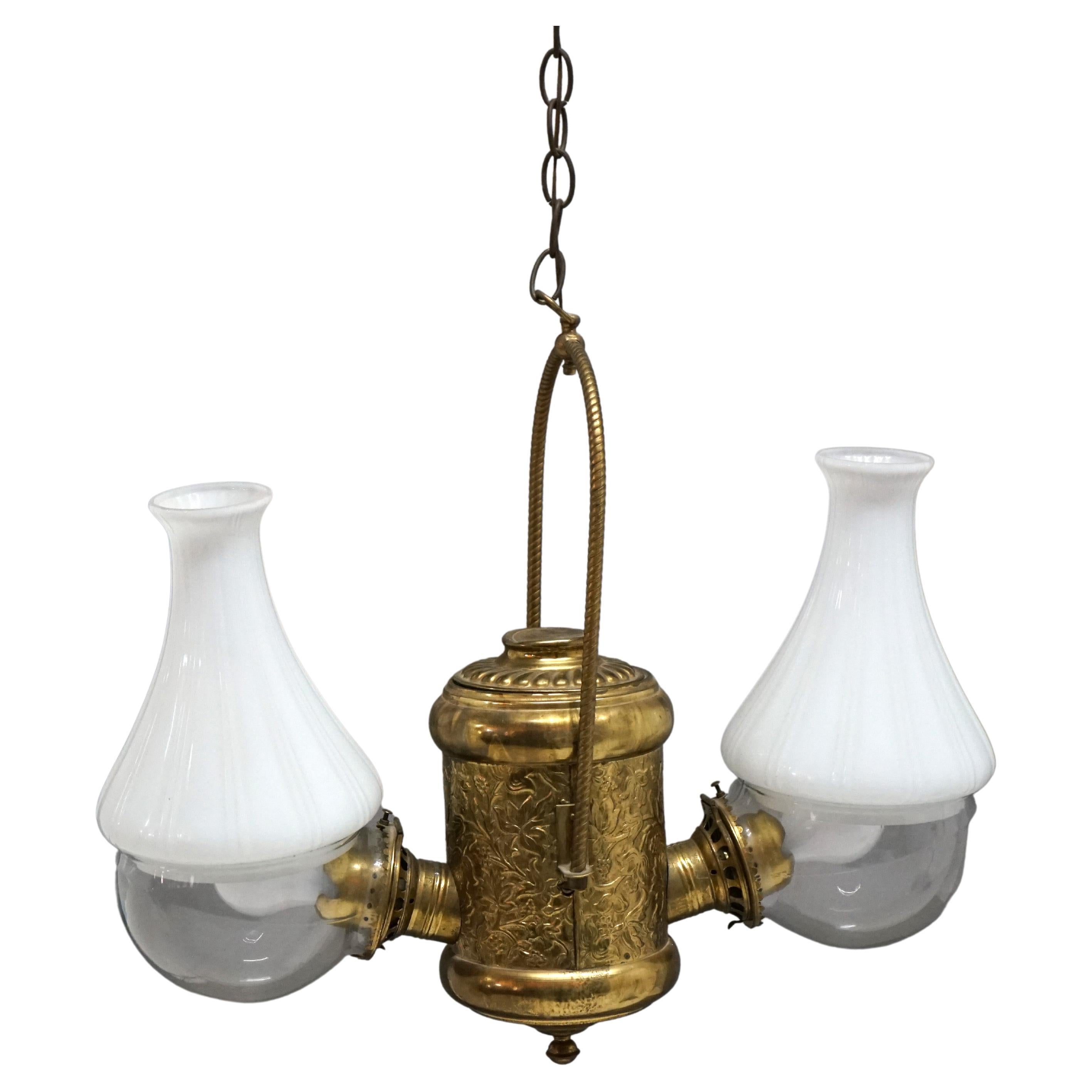 Antique Brass Double Angle Hanging Lamp With Milk Glass Shades c1890 at ...
