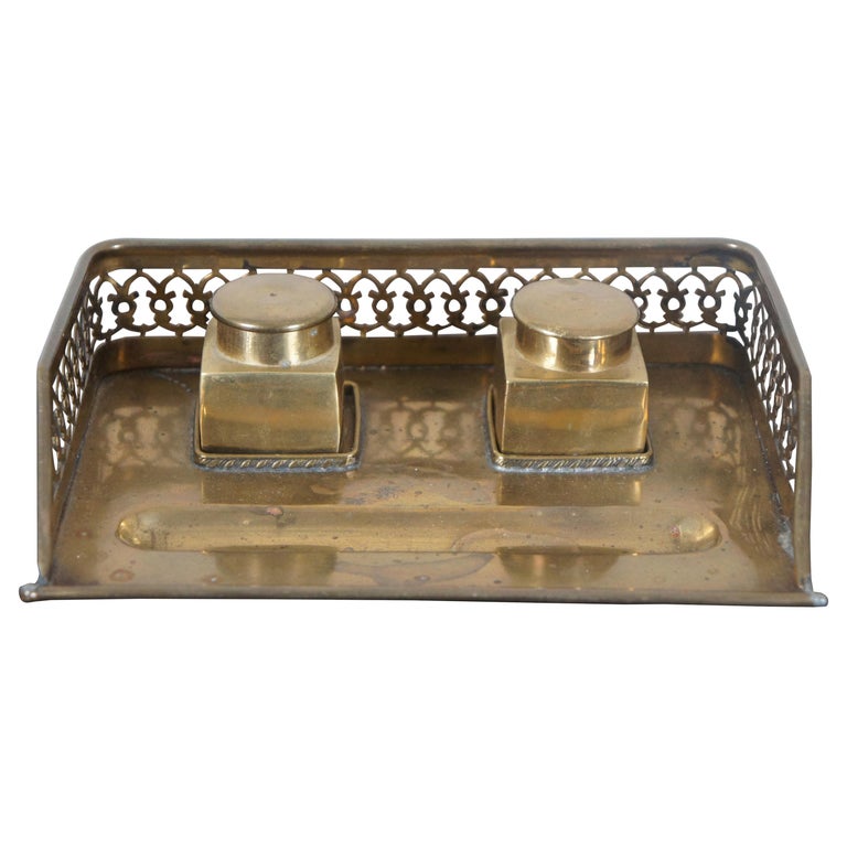 Antique Brass Double Inkwell Desktop Writing Ink Pen Stand w Pierced ...