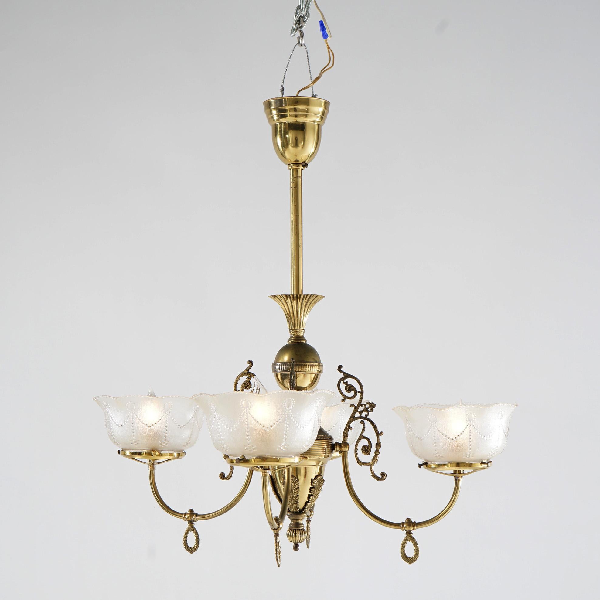 Antique Brass Four-Light Gas Hanging Fixture, Converted to Electric ...