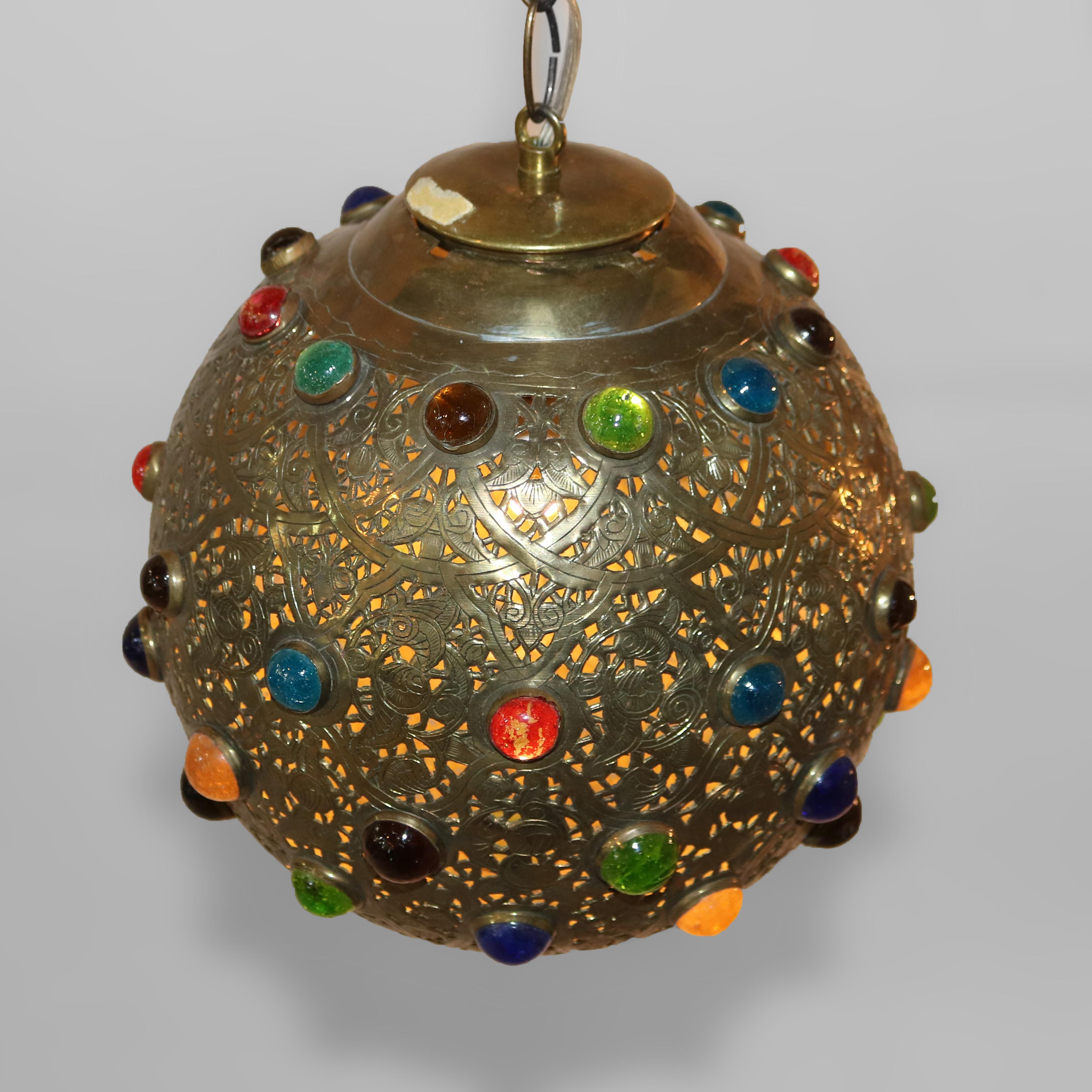 Antique Brass Jeweled Hanging Globe Light, circa 1920 at 1stDibs