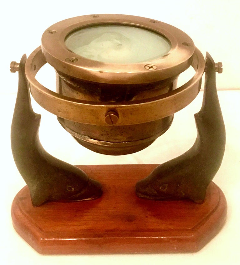 Antique Brass Liquid Nautical Ships Compass Double Dolphin and Wood ...