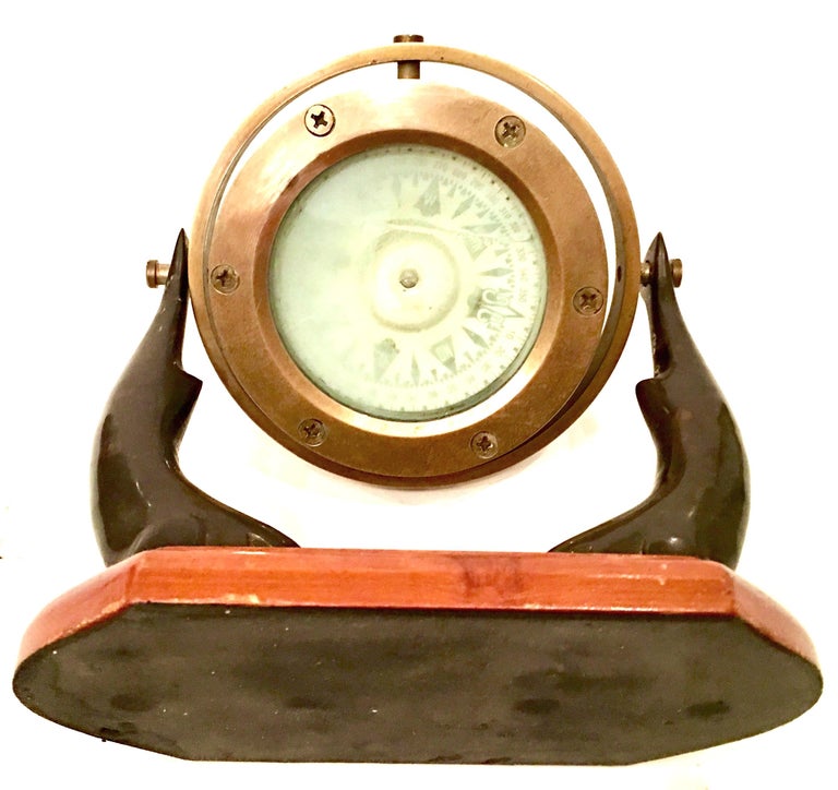 Antique Brass Liquid Nautical Ships Compass Double Dolphin and Wood ...