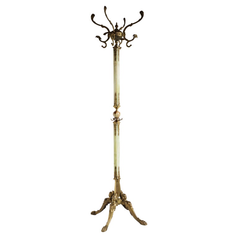 Antique Brass and Onyx Square Marble Coat Hat Rack Hall Tree Stand ...