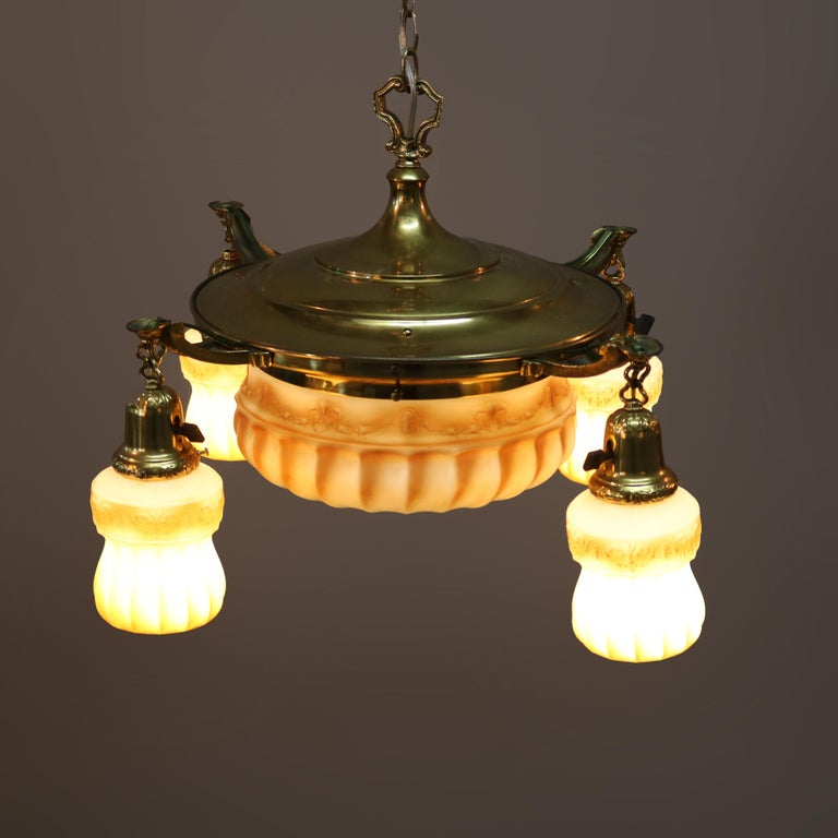 Antique Brass Pan and Drop-Light Hanging Ceiling Fixture Circa 1920 For ...