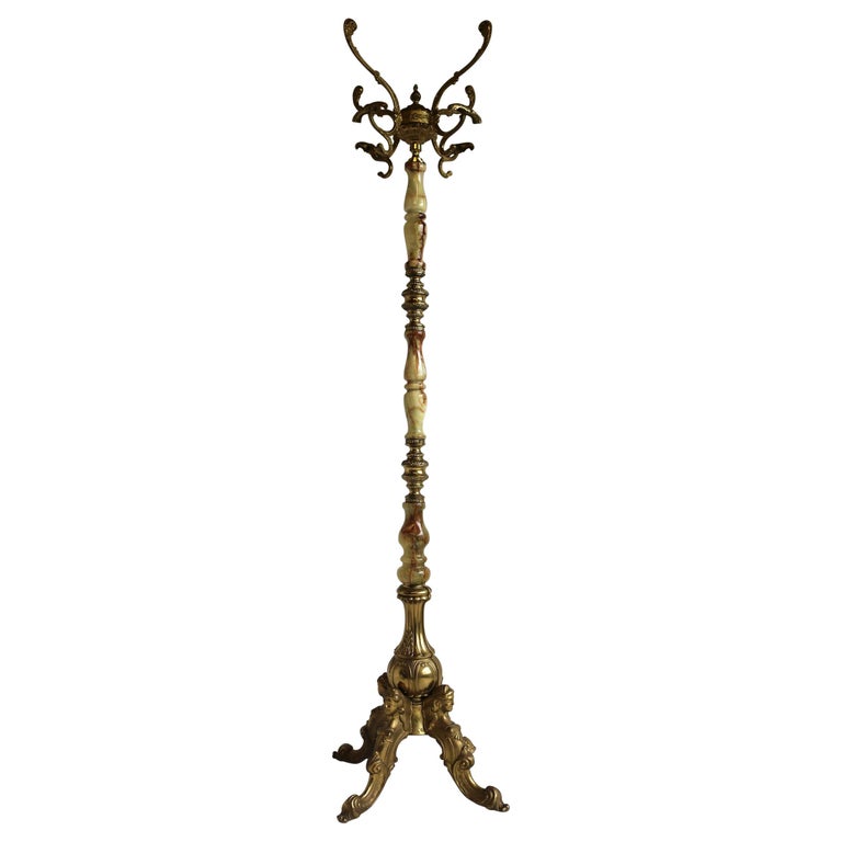 Antique Brass and Round Marble Italian Ornate Coat Rack Stand Hall Tree ...
