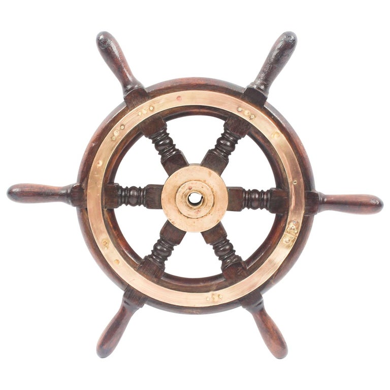 Antique Brass Set Six Spoke Elm Ships Wheel, 19th Century at 1stDibs